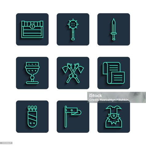 화살 중세 깃발 조커 머리 검 교차 중세 도끼 잔 골동품 보물 상자 및 법령 양피지 두루마리 아이콘으로 라인 떨림을 설정합니다 벡터 강철에 대한 스톡 벡터 아트 및 기타