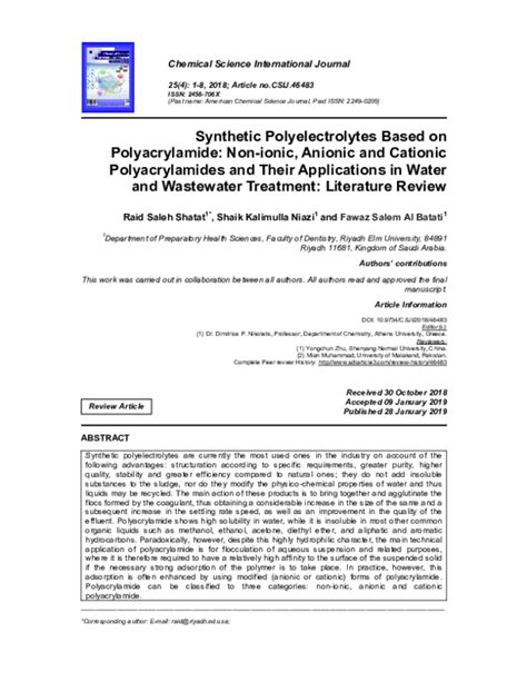 Pdf Synthetic Polyelectrolytes Based On Polyacrylamide Non Ionic Anionic And Cationic