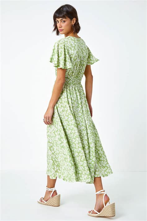 Green Floral Print Shirred Waist Midi Dress Roman Uk