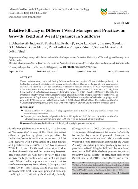 Pdf Relative Efficacy Of Different Weed Management Practices On Growth Yield And Weed
