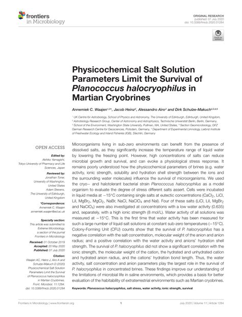 Pdf Physicochemical Salt Solution Parameters Limit The Survival Of Planococcus Halocryophilus