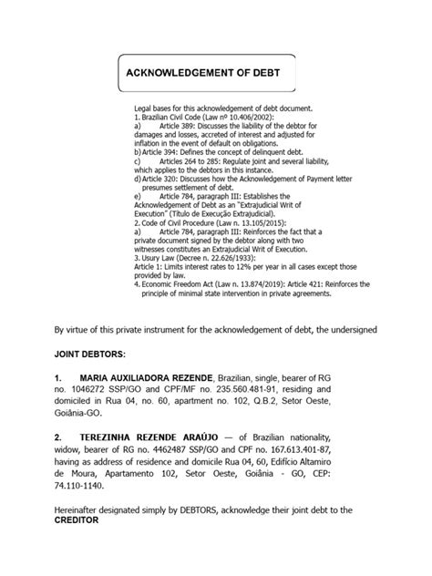 Acknowledgement Of Debt 2 Pdf Debt Debtor