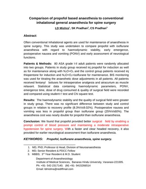 PDF Comparison Of Propofol Based Anaesthesia To Conventional Inhalational General Anaesthesia