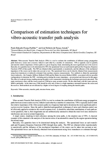 Pdf Comparison Of Estimation Techniques For Vibro Acoustic Transfer