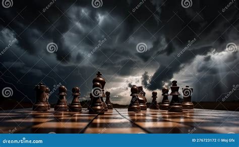 chess pieces on a chessboard against the backdrop of a stormy sky and