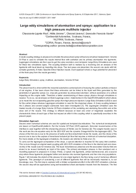 Pdf Large Eddy Simulations Of Atomisation And Sprays Application To A High Pressure Multihole