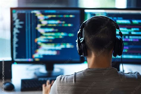 Coding Man Coding On A Computer Back View A Man Coding On A Computer