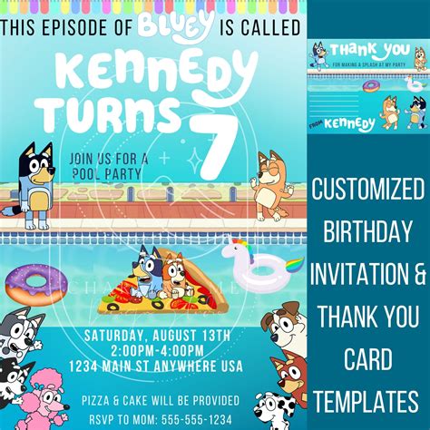 Bluey Pool Party Birthday Invitation Bluey Thank You Bluey Etsy Israel