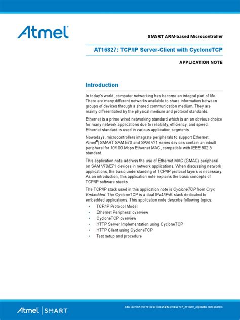 Atmel 42738 Tcpip Server Client With Cyclonetcp At16287 Applicationnote Pdf Pdf Network