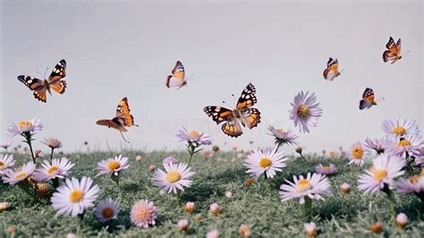 A Field Of Aster On A Gradient Green Grass With Butterflies Flying