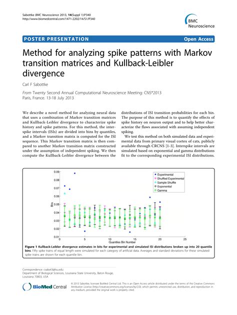 Pdf Method For Analyzing Spike Patterns With Markov Transition Matrices And Kullback Leibler