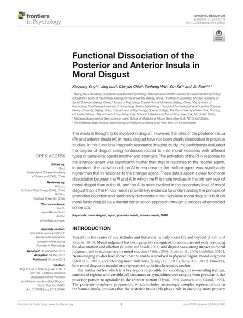 Pdf Functional Dissociation Of The Posterior And Anterior Insula In Moral Disgust