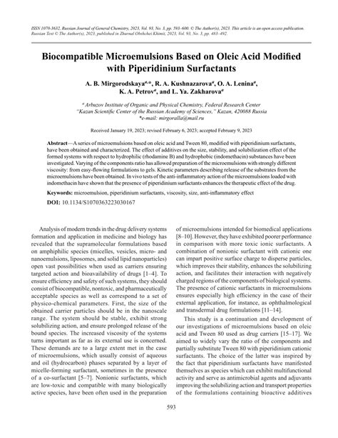 Pdf Biocompatible Microemulsions Based On Oleic Acid Modified With Piperidinium Surfactants