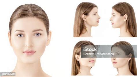 프로필 및 전면 흰색 배경에 고립 된 젊은 여자의 초상화의 집합입니다 화장품 사람 얼굴에 대한 스톡 사진 및 기타 이미지