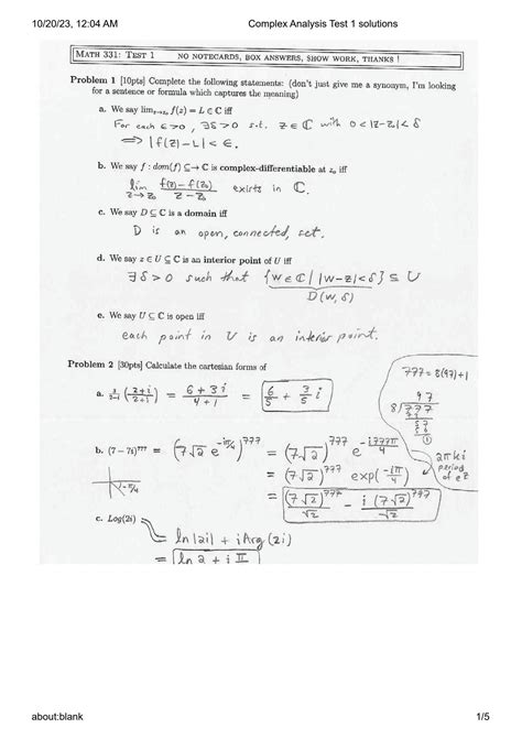 SOLUTION Complex Analysis Test Solutions Studypool