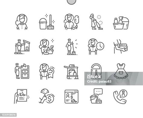 하녀 청소 서비스 집 청소기 메이드 체크리스트 깨끗한 수건 픽셀 완벽한 벡터 얇은 선 아이콘 간단한 최소 그림 0명에 대한 스톡 벡터 아트 및 기타 이미지 Istock