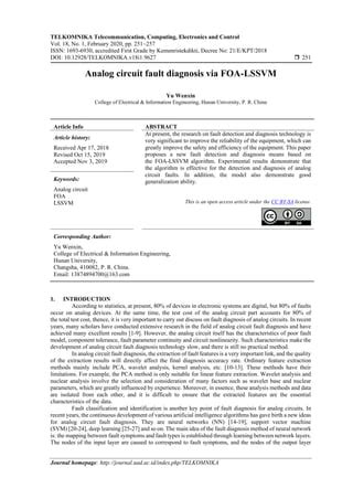 Analog Circuit Fault Diagnosis Via FOA LSSVM PDF
