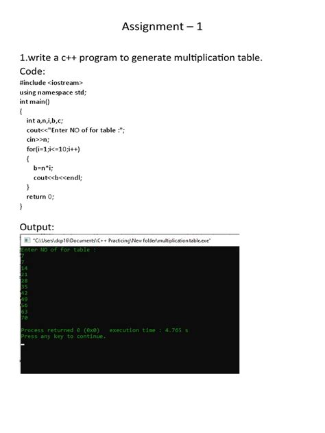 Assignment 1 1write A C Program To Generate Multiplication Table