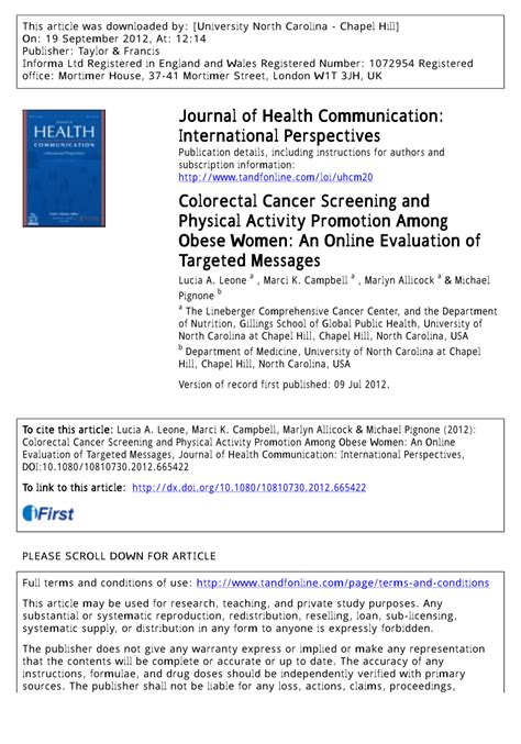 Pdf Colorectal Cancer Screening And Physical Activity Promotion Among Obese Women An Online