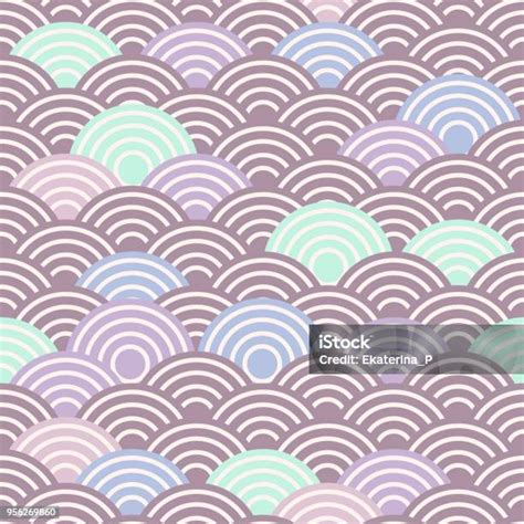 원활한 패턴 개요 일본 파 원 패턴 퍼플 핑크 파랑 녹색 갈색 파스텔 색상 빛을 배경으로 간단한 봄 자연 배경을 조정합니다 벡터