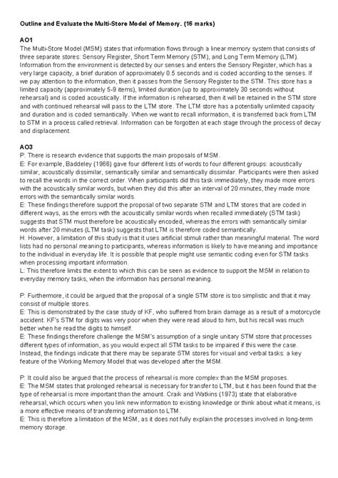 Outline And Evaluate The Multi Store Model Of Memory 16m 16 Marks