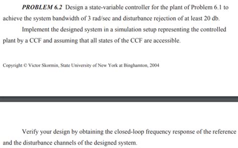 PROBLEM Design A State Variable Controller For Chegg Com