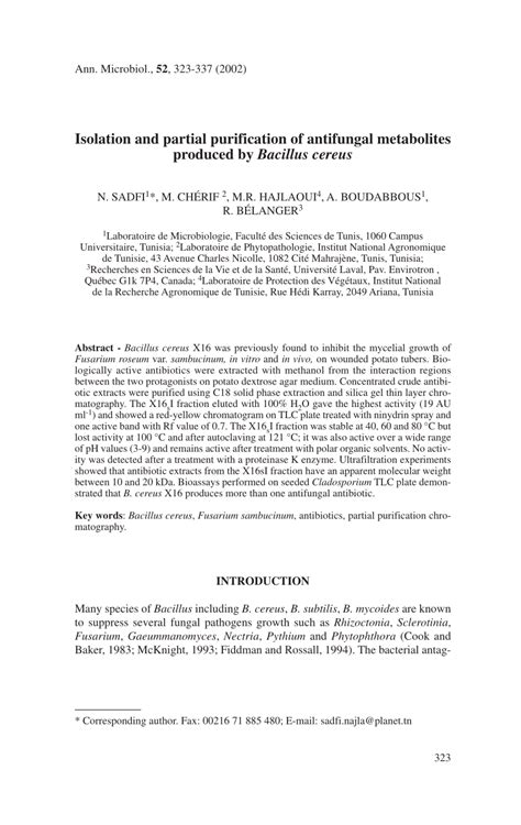 Pdf Isolation And Partial Purification Of Antifungal Metabolites Produced By Bacillus Cereus