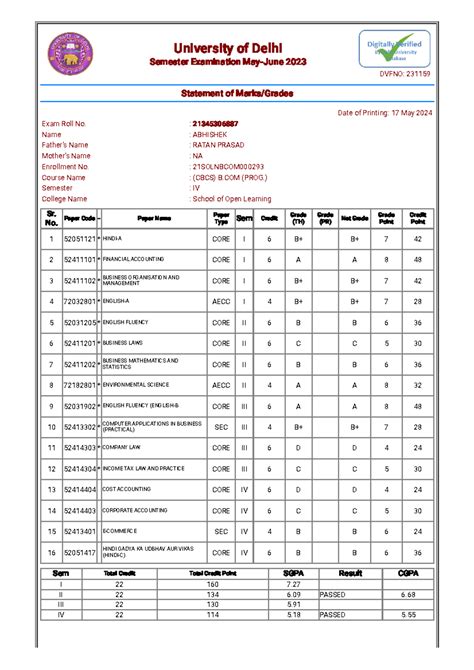 Abhishek University Of Delhi Semester Examination May June 2023 Dvfno 231159 Statement Of