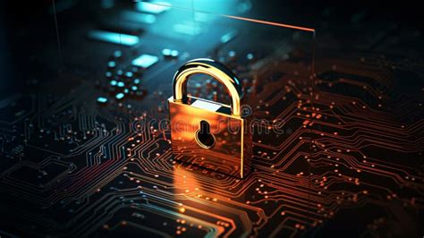 A Golden Padlock And Illuminated Digital Circuit Board With Orange And Green Neon Glow Light