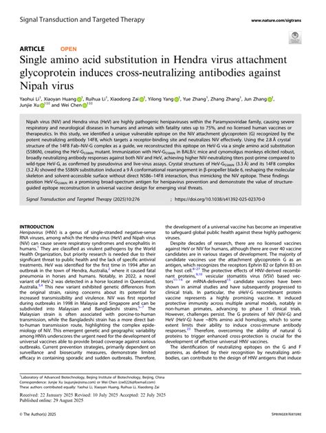 Pdf Single Amino Acid Substitution In Hendra Virus Attachment Glycoprotein Induces Cross