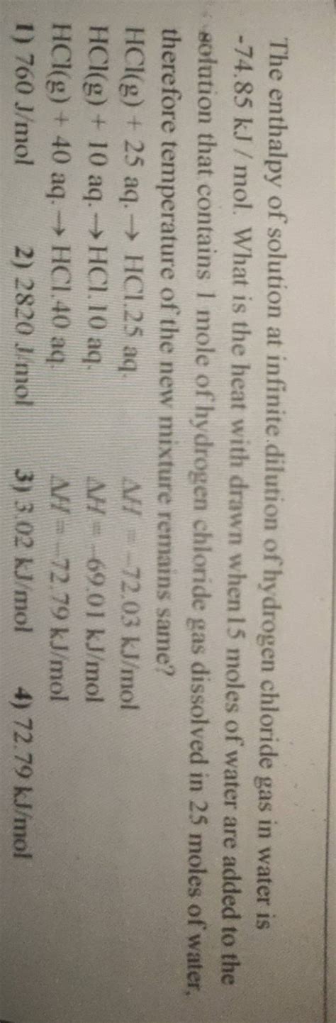 The Enthalpy Of Solution At Infinite Dilution Of Hydrogen Chloride Gas In