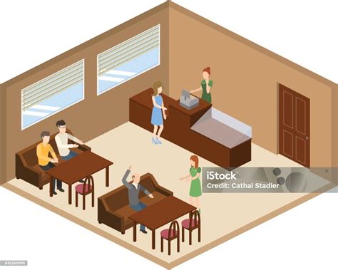 바리 스타와 웨이터 서빙 방문자 추상적인 벡터 일러스트 레이 션 갈색 색조에 커피숍 카페 인테리어 아이소메트릭 배너 3차원 형태에 대한 스톡 벡터 아트 및 기타 이미지