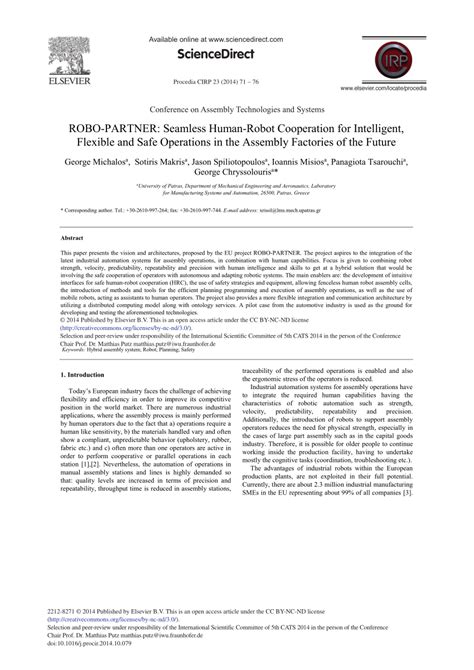 Pdf Robo Partner Seamless Human Robot Cooperation For Intelligent Flexible And Safe