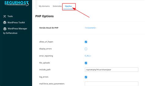 como modificar a versão do php e diretivas seguehost