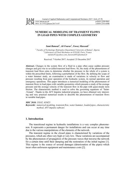 Pdf Numerical Modeling Of Transient Flows In Load Pipes With Complex Geometry