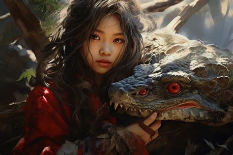 Illustration Chinese Girl With Snake Picture Premium Ai Generated Image