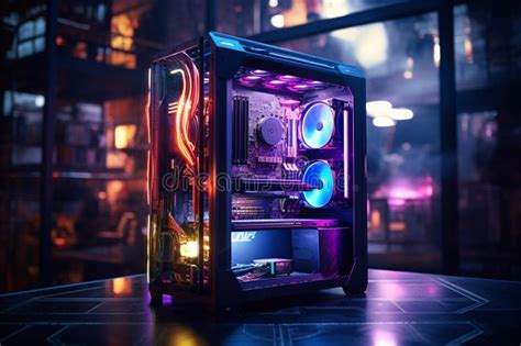 Black Gaming Computer With Colorful Lights In Dark Room Ai Generated Stock Illustration