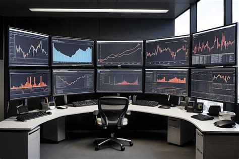 High Tech Workstation With Multiple Computer Monitors Displaying Graphs And Analytical Data