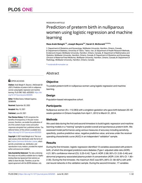 Pdf Prediction Of Preterm Birth In Nulliparous Women Using Logistic Regression And Machine