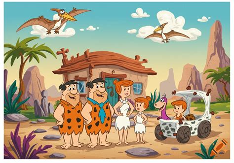 A Cartoon Caveman In A Spotted Animal Hide Stands In A Prehistoric