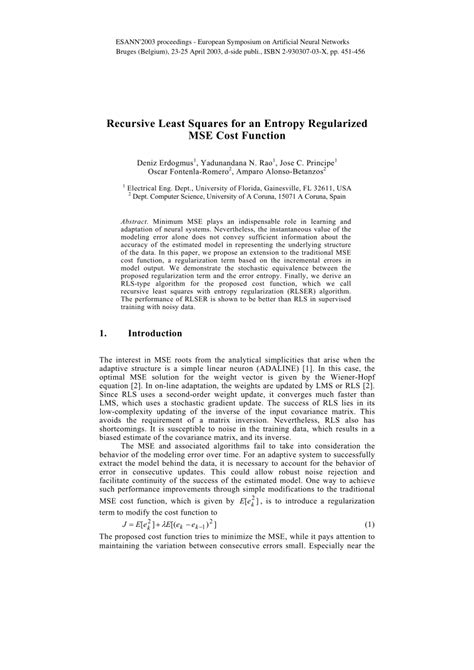 PDF Recursive Least Squares For An Entropy Regularized MSE Cost Function