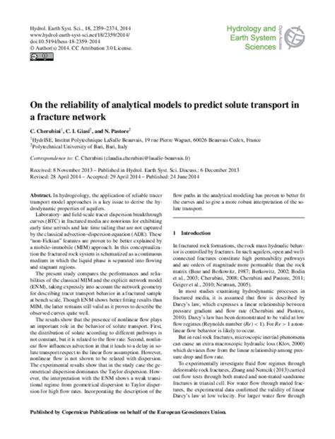 Pdf On The Reliability Of Analytical Models To Predict Solute Transport In A Fracture Network