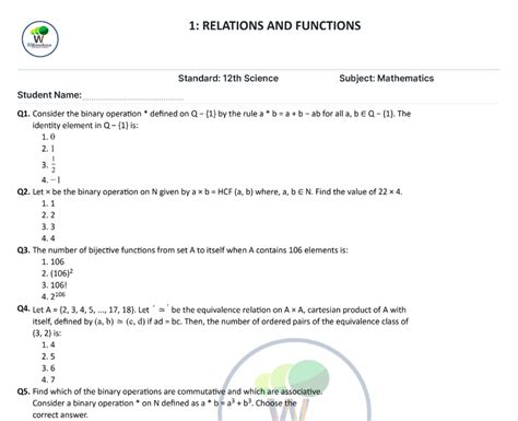 Relations And Functions Class 12 Worksheet With Answer