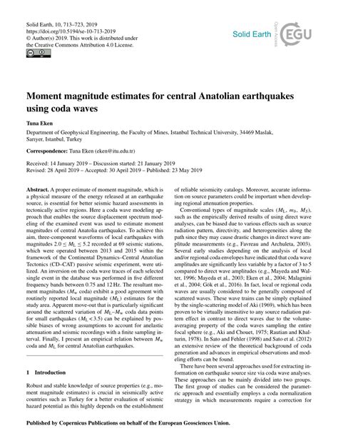 Pdf Moment Magnitude Estimates For Central Anatolian Earthquakes Using Coda Waves