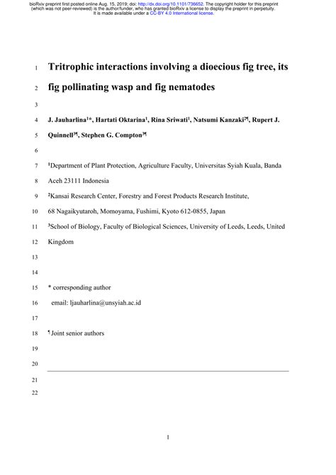 Pdf Tritrophic Interactions Involving A Dioecious Fig Tree Its Fig Pollinating Wasp And Fig