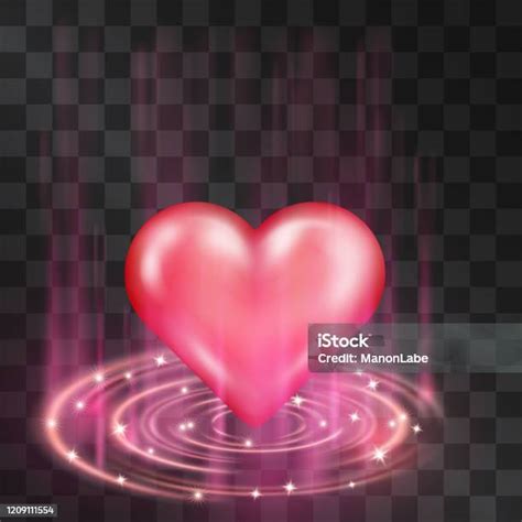 투명 한 배경에 고립 된 마법의 받침대에 빛나는 붉은 마음 발렌타인 데이 복권 파티 포스터 또는 초대 배너 소용돌이 치는 연단에 신비한 흐릿한 스트림 빛나는 소용돌이 포털