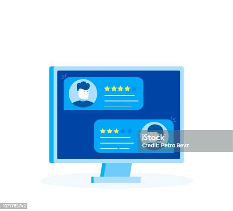 고객 검토 등급 메시지 데스크톱 Pc 디스플레이 및 온라인 검토 또는 클라이언트 평가 경험이 나 피드백의 개념 컴퓨터 등급 별