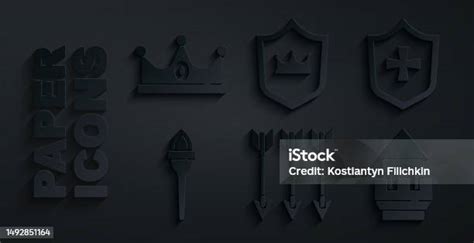 교차 화살 방패 횃불 불꽃 천수각 왕관과 왕 아이콘을 설정합니다 벡터 3차원 형태에 대한 스톡 벡터 아트 및 기타 이미지 3차원 형태 건축 건축하기 Istock