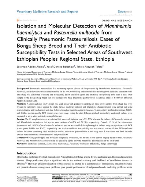 Pdf Isolation And Molecular Detection Of Mannheimia Haemolytica And