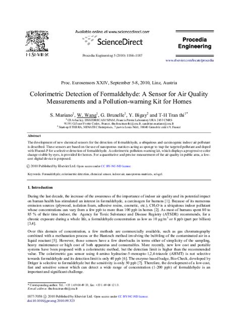Pdf Colorimetric Detection Of Formaldehyde A Sensor For Air Quality Measurements And A